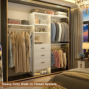 Girapow Closet System with 3 Wooden Drawers, 8 FT Closet Organizer System with Cutable Storage Shelves, Wall-mounted Closet System with 3 Adjustable Hanging Rods for Walk in Closet