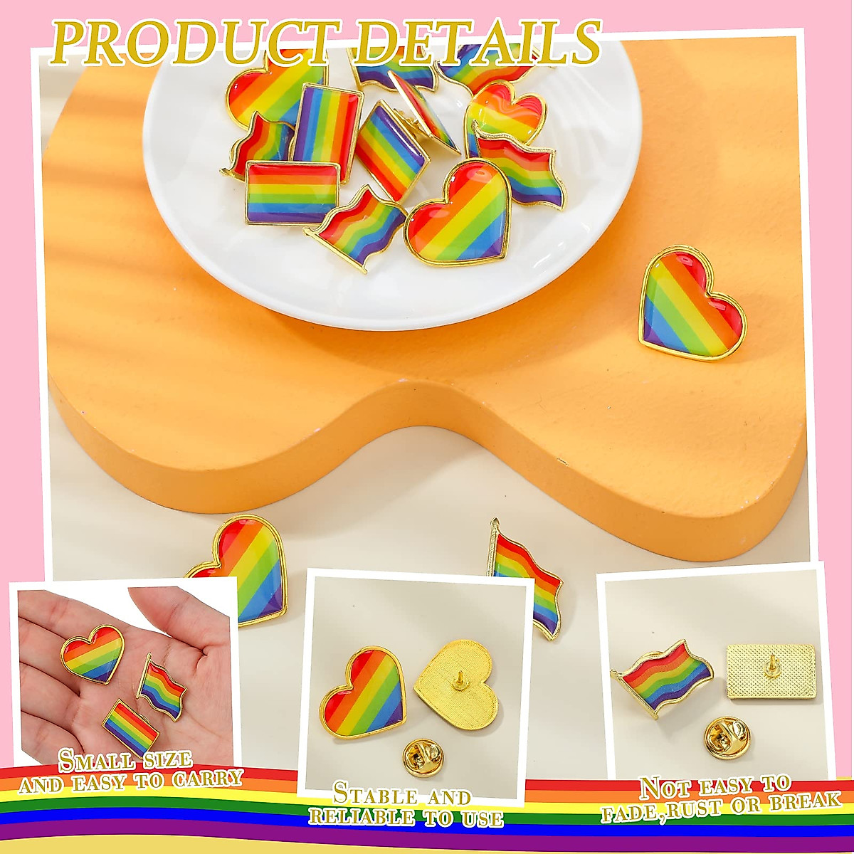 48 Pcs Gay Pride Pin Set Rainbow Heart Flag Lapel Pins Transgender Pins Lgbtq Accessories Pride Pins Lgbtq Gay Pride Buttons Men Women's Brooches Pins for Clothes Bags (Rainbow)
