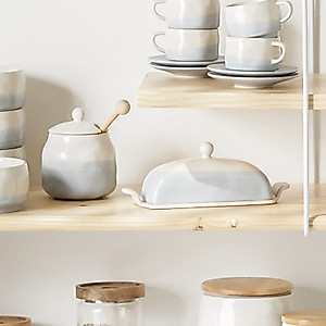 DOWAN Butter Dish, Ceramic Butter Keeper for Countertop, 8.6 inch Butter Holder with Handle Cover, for Home Kitchen Decor, Butter Container Perfect for East West Coast Butter, Light Blue & White