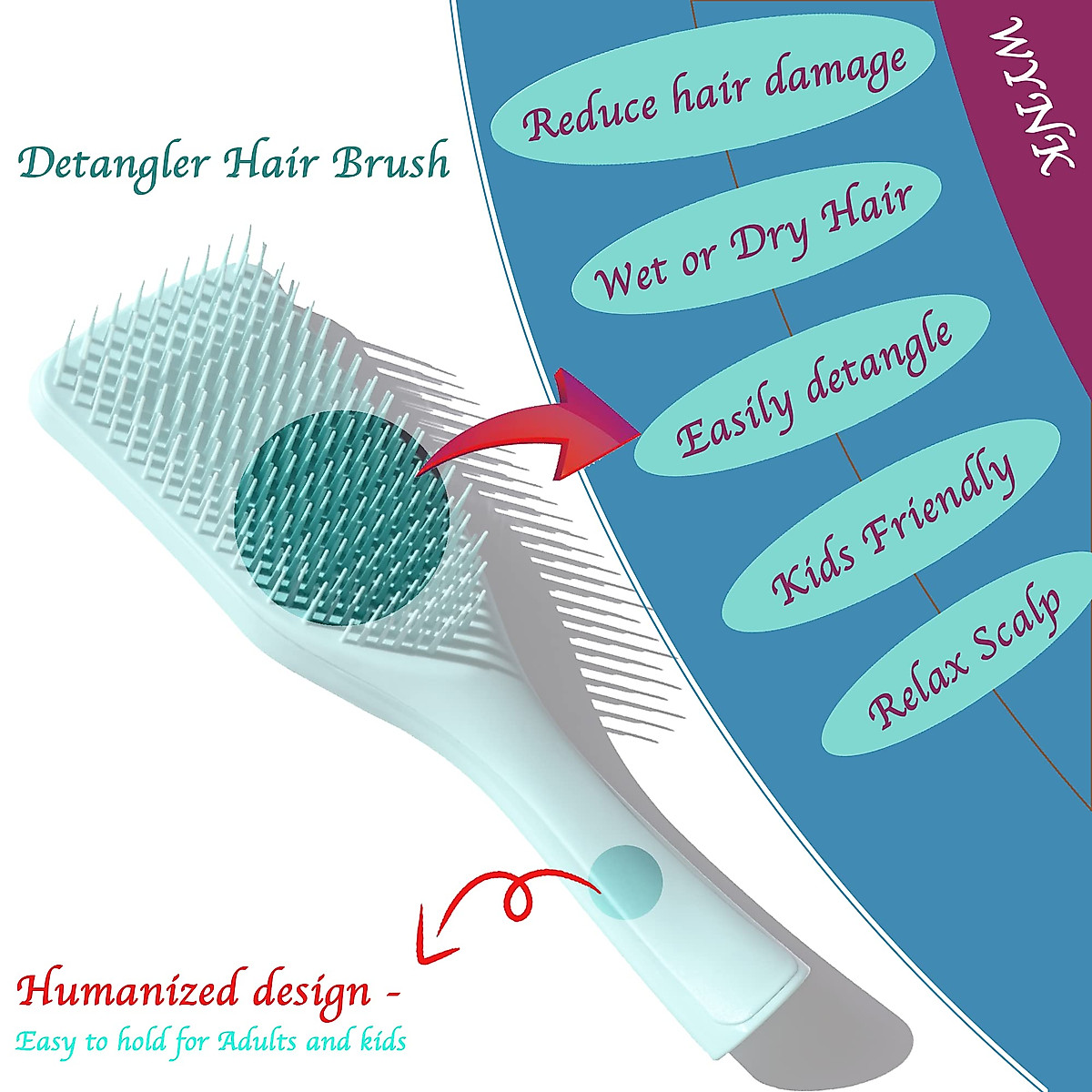 WYNK Hair Brush Detangler for Adults & Kids，Detangling Comb Hair Styling Tools & Appliances for Natural/Wavy/Curly/Coily/Wet/Dry/Oil/Thick/Straight/Long Hair (2 Pack, Tender Green&Pink)