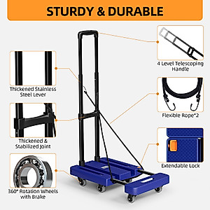 Folding Hand Truck, 500 LB Heavy Duty Luggage Cart, Utility Dolly Platform Cart with 6 Wheels & 2 Elastic Ropes for Luggage, Travel, Moving, Shopping, Office Use, Blue