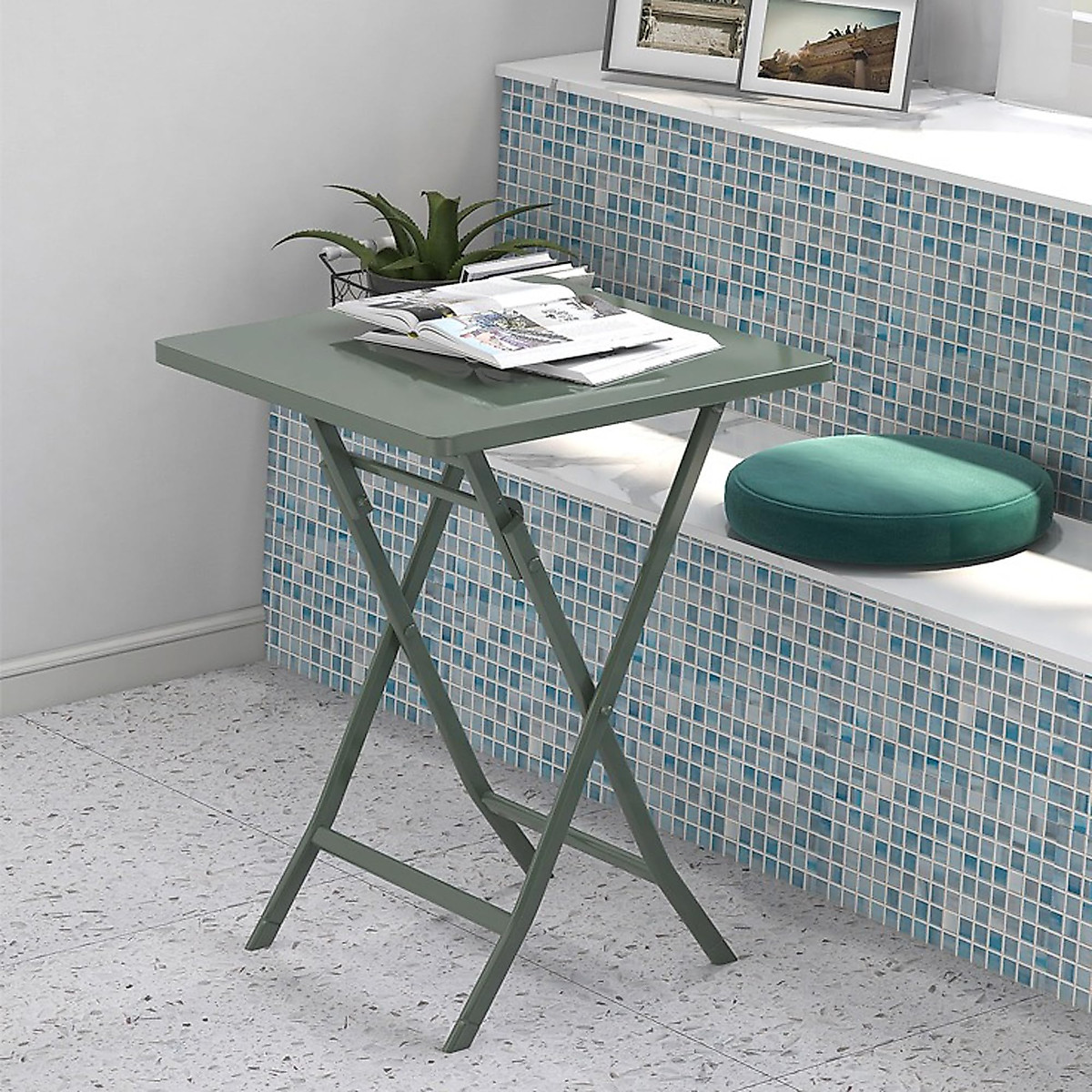 LOPOO 3 Pieces Metal Patio Bistro Set - 1 Square Table and 2 Chairs, Modern Foldable Outdoor Indoor Furniture for Garden, Yard, Balcony, Bar, Cafe, Dining, Dark Green