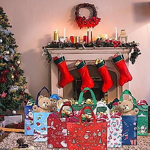 emzrivo Christmas Gift Bags 8 Pack Large Christmas Tote Bags with Handle, Christmas Treat Bags Reusable Non-Woven Holiday Gift Bags for Xmas Gifts Wrapping Christmas Party Supplies, 12.8"×9.8"