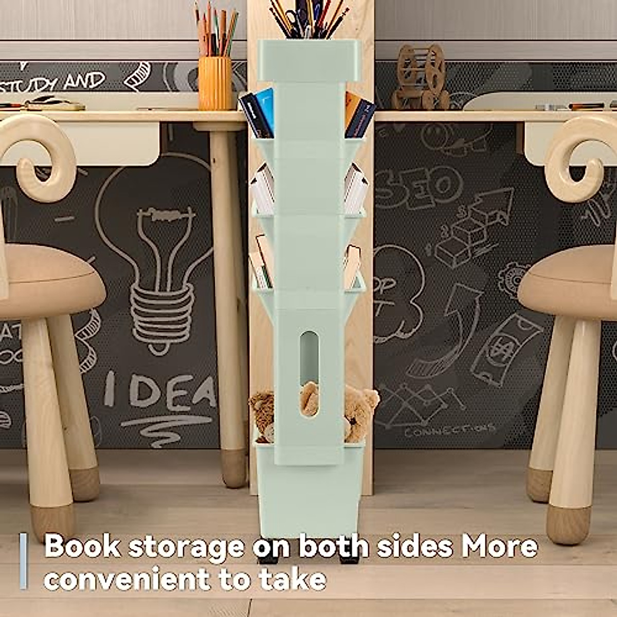 5 Tier Book Rack Storage Bookshelf, Movable Bookshelf Multilayer Capacity Rotatable Removable Plastic Practical Rolling Organization Shelf with Wheel, Bookshelves for Kids Students Study (Green)
