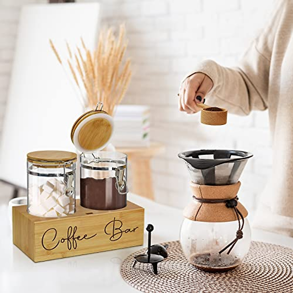 Glass Coffee Canister with 2x48oz Airtight Glass Jars, Coffee Bean Storage, Coffee Storage Container with Shelf and Lids Scoop, Kitchen Food Storage Jars, Coffee Container for Ground Coffee, Sugar