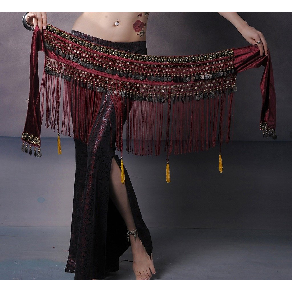 ZLTdream Women's Belly Dance Tribal Hip Scarf with Fringe Coins Flannel Dark Red, One Size