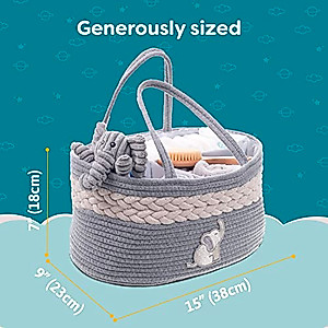 Cradle Star Diaper Caddy Organizer – Portable Baby Basket Diaper Storage Organizer with Compartments – Baby Diaper Caddy for Changing Table Nursery, Elephant Baby Shower Gifts - 100% Cotton Rope, Gray