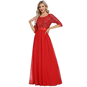 Ever-Pretty Women's Elegant A Line Crew Neck Half Sleeve Sequin Maxi Evening Dress Red US18