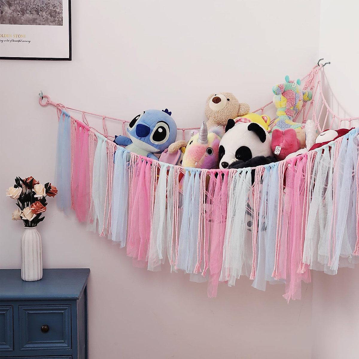MKO SHUN Stuffed Animal Toys Hammock with LED Light, Stuffed Doll Hanging Corner Holder for Home Storage, Large Hanging Net -Display Teddies for Bedroom, Pink Decor Organizer