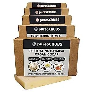 pureSCRUBS Exfoliating Oatmeal Organic Bar Soaps, Made with Finely Ground Oats, Shea Butter & Pure Honey, Unscented & Handcrafted - Small 1oz Bar (5 pack)