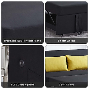 SumKea 55.5'' Pull Out Couch, 3-in-1 Sleeper Loveseat Convertible Bed with USB, Adjustable Backrest, Pillows, Side Pocket, Fabric Sofa Bed for Living Room, Office, Black