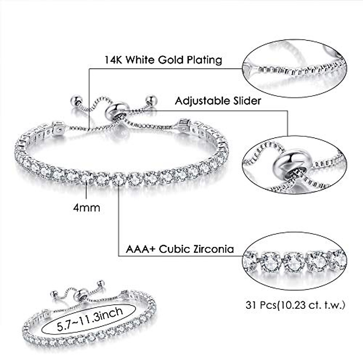 GEMOSA Tennis Bracelets for Women White Gold Plated Diamond AAA+ Cubic Zirconia CZ Dainty Classic Adjustable Slider Bracelet Silver Fashion Jewelry Wedding Gift