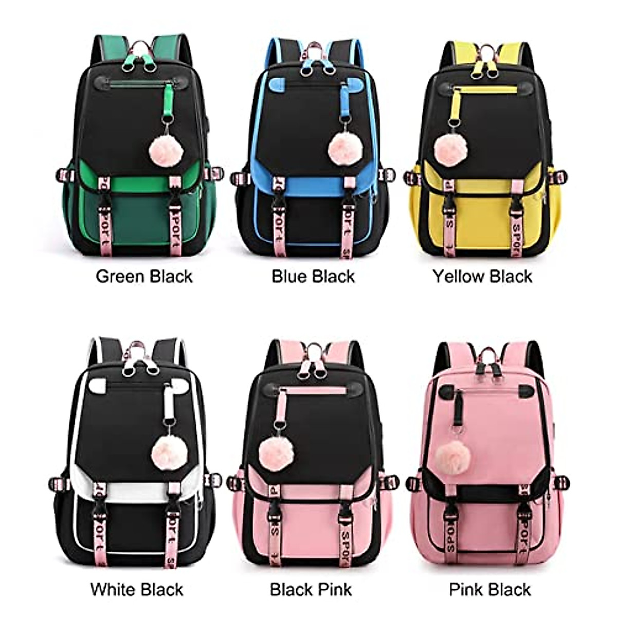 egen Kawaii Lightweight Schoolbag with USB Port USB Cable and Earphone Cord Set College Laptop Backpack Travel (Yellow Black,17 Inch)