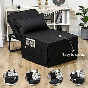 HOMCOM Ottoman Sofa Bed, 4 in 1 Multi-Function Button Tufted Folding Sleeper Chair Bed with Adjustable Backrest, Pillow, Side Pocket for Home Office, Bedroom, Living Room, Black
