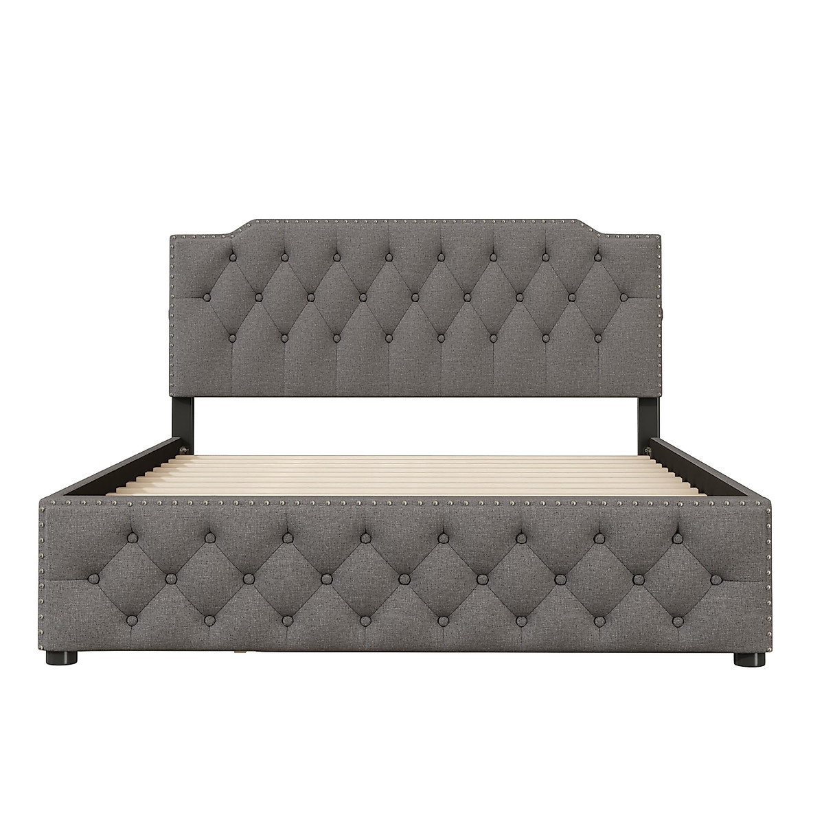 JIVOIT Queen Size Upholstered Platform Bed with Twin Trundle and 2 Sets of USB Ports on Each Side, Linen Fabric Upholstered Bed with Button-Tufted Headboard and Footboard (Gray,Trundle,USB Ports)