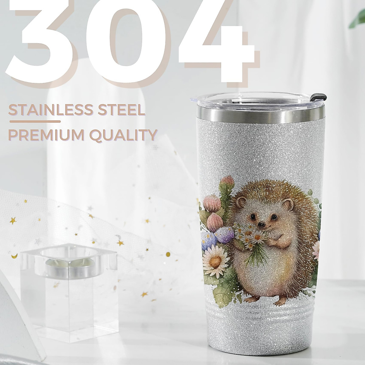 Onebttl Hedgehog Gifts for Women/Men, Unique 20oz Hedgehog Glitter Tumbler with Lid and Straw, Hedgehog Lover Gifts for Birthday, Christmas