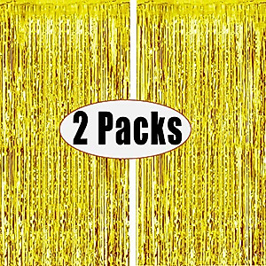 2 Packs 3ft x 8.3ft Gold Metallic Tinsel Foil Fringe Curtains Photo Booth Props for Birthday Wedding Engagement Bridal Shower Baby Shower Bachelorette Holiday Celebration Party Decorations