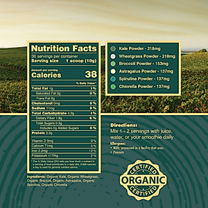 Pure Choice Whey Organic Greens Superfood Powder, USA Grown - Kale, Alfalfa Grass, Wheatgrass, Barley Grass, Astragalus, Spirulina, Oat Grass & Chlorella, USA Grown (10.6 oz, 1 Month Supply)