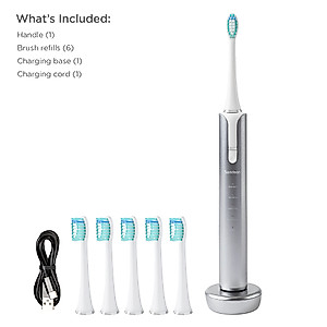 Soniclean Lux Sonic Toothbrush for Adults with 6 Toothbrush Heads, Rechargeable Toothbrush, Automatic Toothbrush, Sonic Toothbrush with Refills, Platinum