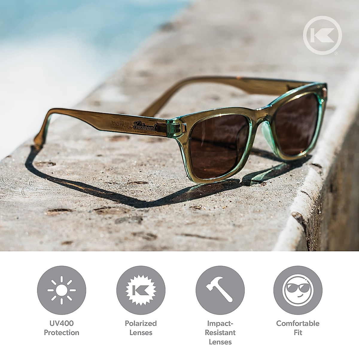 Knockaround Seventy Nines Polarized Sunglasses for Women & Men - Impact Resistant Lenses & Full UV400 Protection, Translucent Sage Frames/Amber Lenses