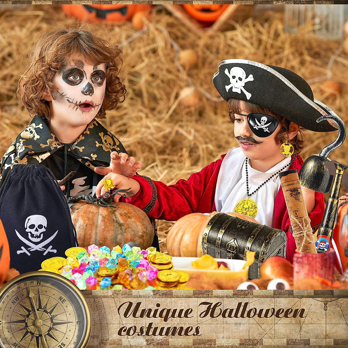 116 Pieces Pirate Treasure Toys, Pirate Treasure Box with Coins Jewels Gems and Pirate Map Compass Telescope for Boy Girl Halloween Cosplay Props Pirate Theme Party Decoration Favor (Cute Style)