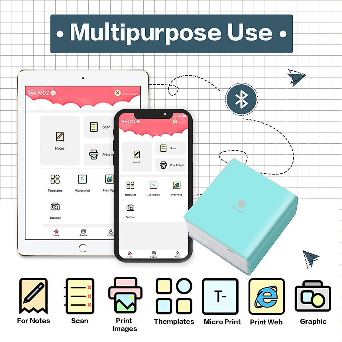 Phomemo Pocket Printer - M02 Mini Bluetooth Wireless Sticker Printer, Compatible with iOS & Android, Thermal Mobile Printer for Fun, memo, to-do List, Work Notes, DIY Journal, Green