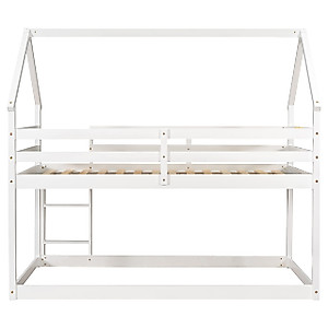 MERITLINE Bunk Bed Twin Over Twin for Kids, Wooden Tree House Bunk Beds with Ladder and Safety Guardrail, Floor Bunk Bed for Toddlers/Girls/Boys, White