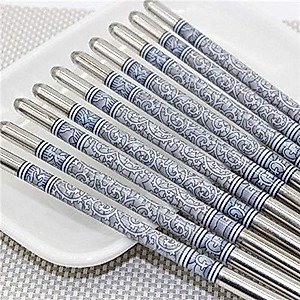 Madames Stainless Steel Chopsticks Kitchen Blue and White Porcelain Printed Chopsticks Reusable Flat Long Handle Chopstick for Home, Kitchen or Restaurant