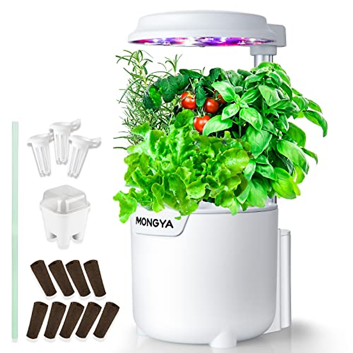 Mini Hydroponics Growing System, Indoor Herb Garden Kit with LED Grow Light, Smart Hydroponic Garden Germination Kit for Home Kitchen, Automatic Timer,Height Adjustable, Bonus 9pcs Sponges (White)