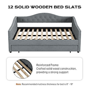 ONEMMLION Daybed with Trundle, Upholstered Button Tufted Full Size Daybed Frame in Linen Fabric for Bedroom Guest Room, Grey