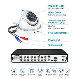 ZOSI H.265+ 1080p 16 Channel Security Camera System with AI Human Vehicle Detection, 16CH CCTV DVR and 16 x 1080p Indoor Outdoor Dome Camera, 80ft Night Vision, 105° View Angle, Alert Push, 4TB HDD