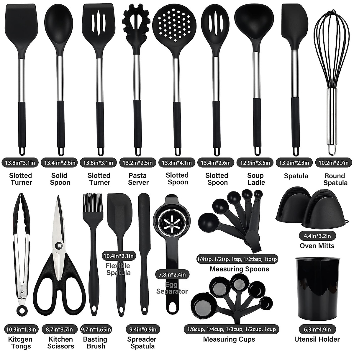 NCUE Cooking Utensils Set, 28 Pcs Silicone Kitchen Utensils Set with Holder, Silicone Whisk, Spatulas, Scissors, Measuring Cups and Spoons Set with Stainless Steel Handle Kitchen Gadgets (Black)