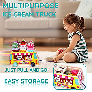 HELLOWOOD Wooden Ice Cream Truck, 28 pcs Magnetic Ice Cream Sweet Treats Pretend Play Food & Accessories, Montessori Sorting & Stacking Toys for Toddler Girls & Boys Age 2-5
