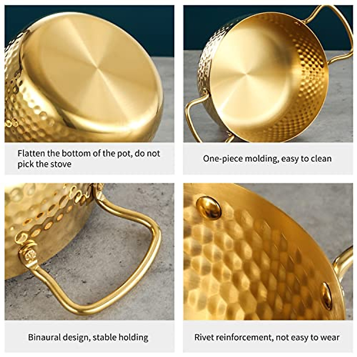 Stainless Steel Noodle Pot for Cooking with Double Handles, Hammered men Pot, Korean Ramen Cooking Pot for Kitchen, Nonstick Ramyun Cooker for Cooking Soup/Curry/Pasta/Stew (Gold)