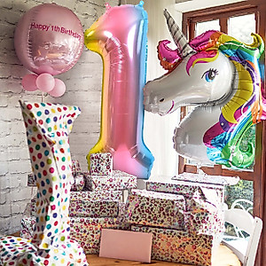 JOYYPOP 40 Inch Rainbow Number Balloon Foil Large Number 1 Balloon for Birthday Anniversary Baby Shower Unicorn Parties