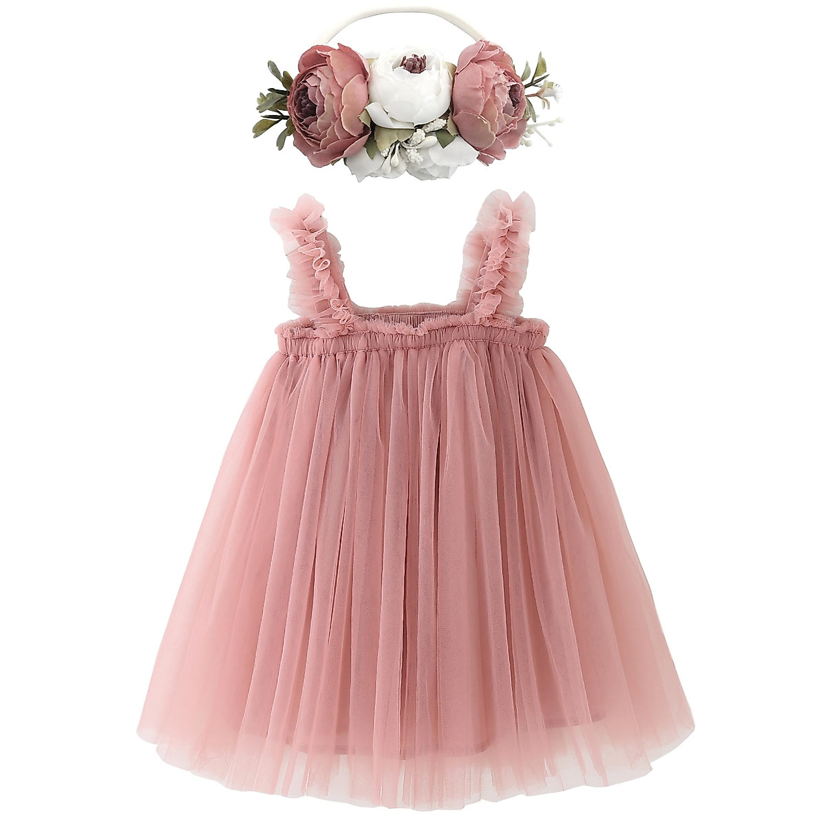 BGFKS Layered Tulle Tutu Dress for Toddler Girls,Baby Girl Rainbow Tutu Princess Skirt Set with Flower Headband.(Dusty Rose,12 Months)
