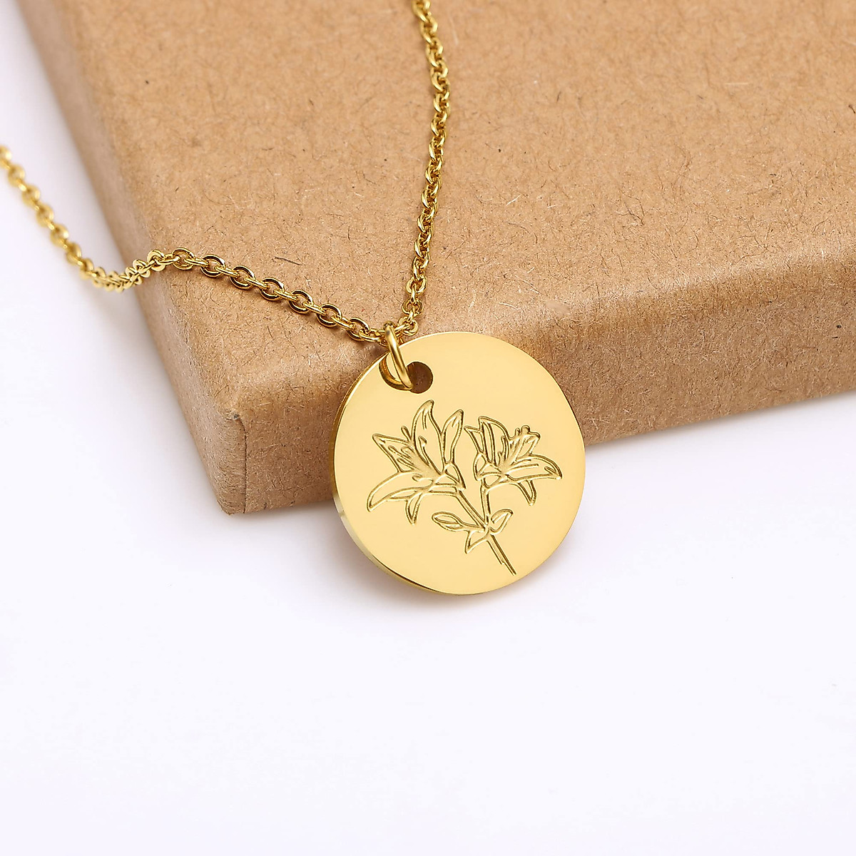 JoycuFF Lily Wild Flower Gold Coin Necklace for Women Dainty Birthday for Mom Girlfriend Daughter Sister 18K Gold Filled Jewelry Christmas Valentine's Day Gifts for Her