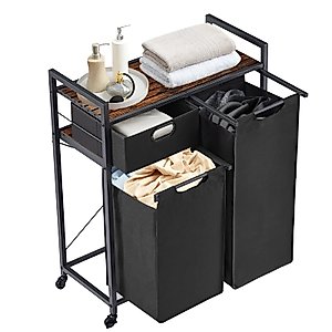 Zevemomo Laundry Basket Hamper with Wheels，2 Laundry Bags & Drawer, Laundry Hamper with Shelf for Laundry，Laundry Room Organization, Rustic Brown and Black