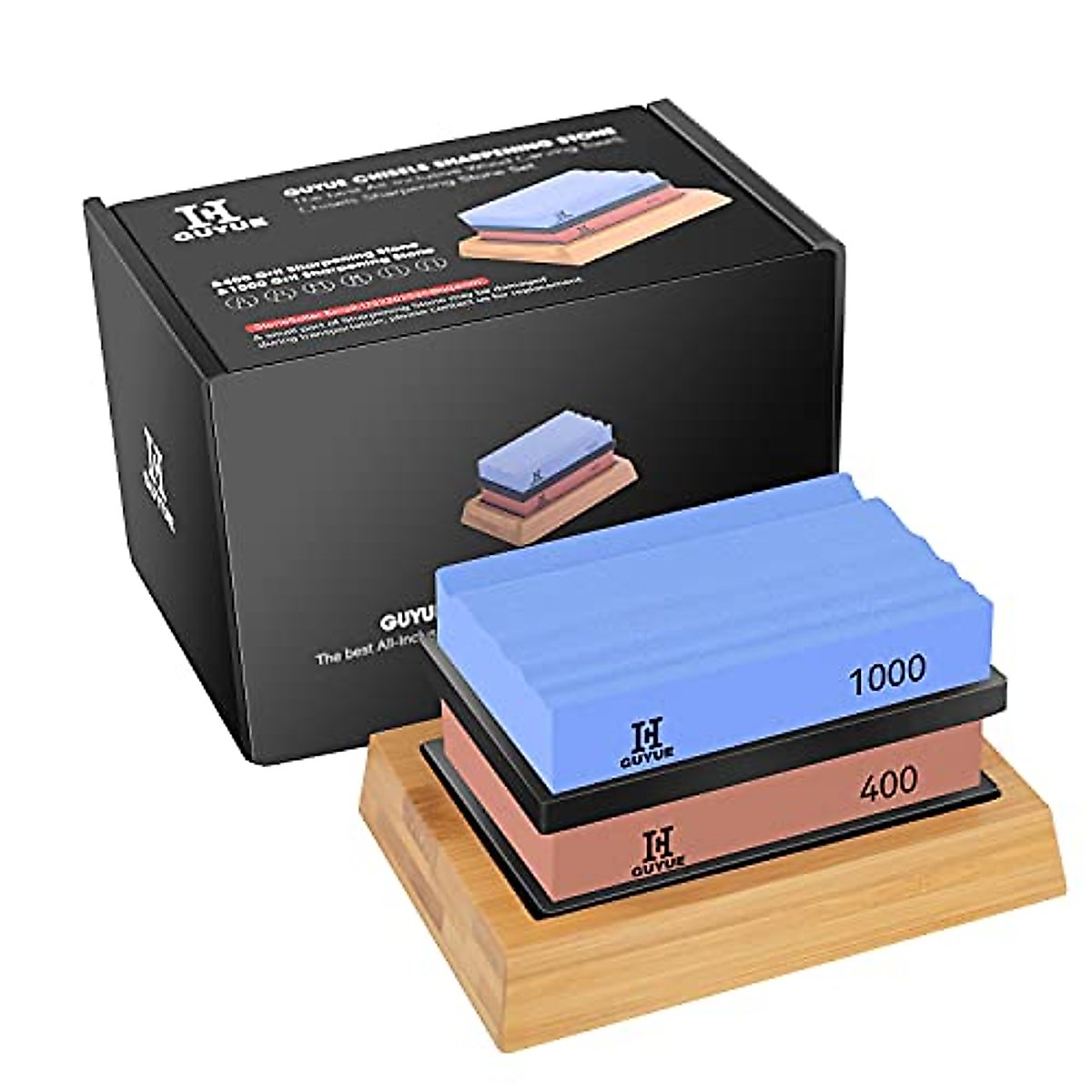 GUYUE Sharpening Stone Wood Carving Sharpener, 400 and 1000 Double Side Grit Waterstone, Best Whetstone Sharpener,For Woodworking, Wood Carving Tools, Chisels and Chisels With Non-Slip Bamboo Base