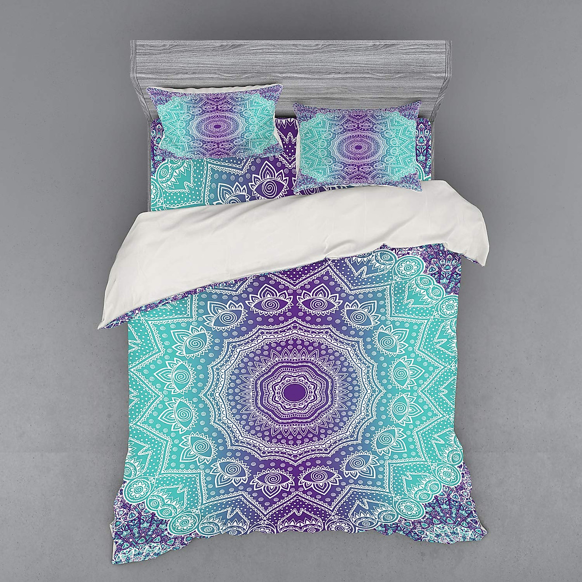 Ambesonne Purple and Turquoise Duvet Cover Set, Hippie Ombre Mandala Inner Peace and with Ornamental Art, 4 Piece Bedding Set with Shams and Fitted Sheet, Queen Size, Purple Aqua