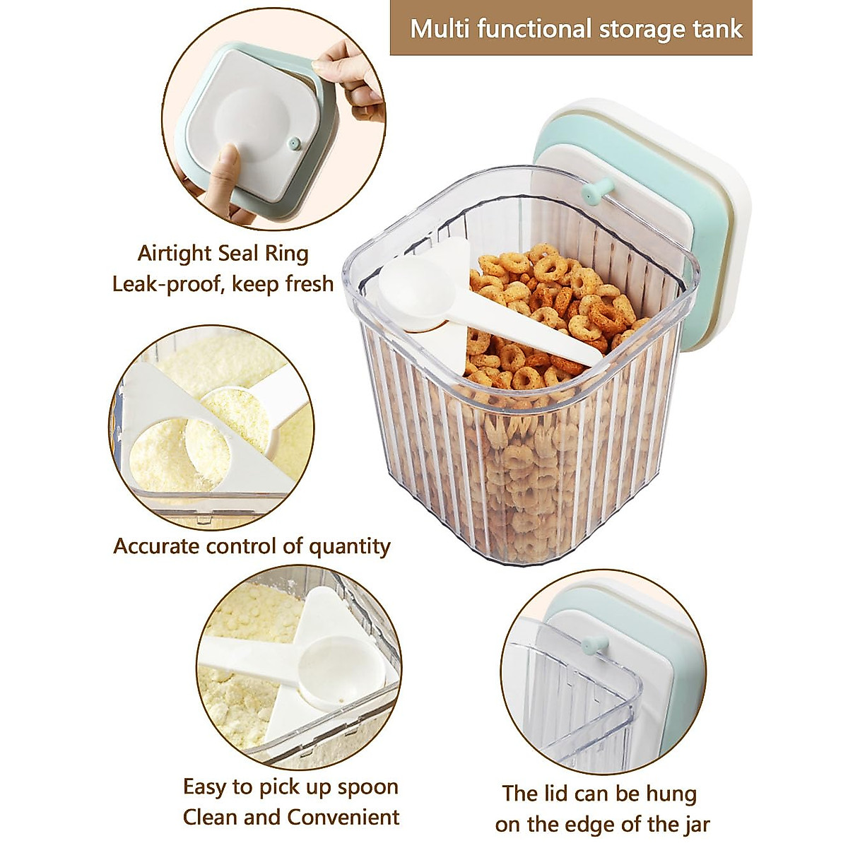 Besmall Food Storage Container with Pop Up Lids and Date Tracker Air Tight Containers with Scoop Clear Dispenser for Snacks, Candy, Salt, Herbs, Spices, Sugar, Coffee, 1.2L/ 40oz