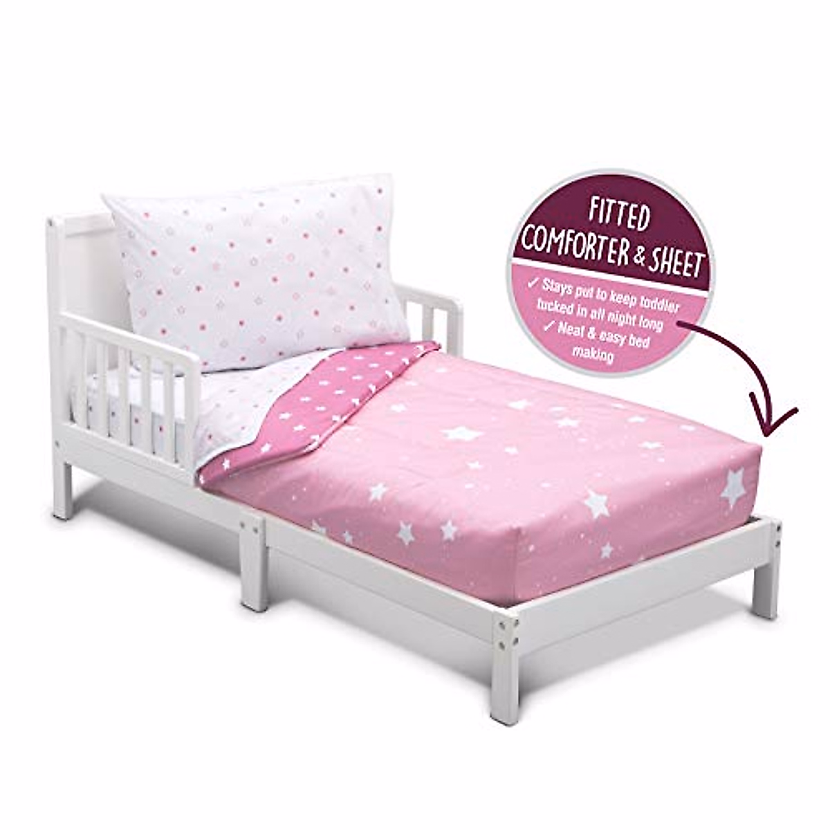 Delta Children 4 Piece Toddler Bedding Set for Girls - Reversible 2-in-1 Comforter - Includes Fitted Comforter to Keep Little Ones Snug, Bottom Sheet, Top Sheet, Pillow Case - Pink Blushing Star