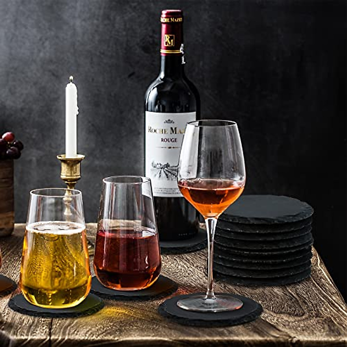 Slate Coasters, MAPRIAL 4 Inch 12 Pieces Round Black Stone Coasters with Anti-Scratch Backing for Bar, Kitchen Home Decor, Table, Cup, DIY, Housewarming Gift