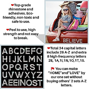 Locacrystal 34Pcs Bling Rhinestone Alphabet Letter Stickers, A-Z Letters Self-Adhesive hotfix Crystal Rhinestones Word Stickers for Cars Arts Crafts Clothing DIY Decoration(White/Silver)