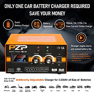 PZP 12V Manual Battery Charger Maintainer, 0 to 10A Arbitrarily Adjustable Car Battery Trickle Charger, Battery Desulfator with Repair, Winter Mode, Suitable for Lawn Mower, AGM, Deep Cycle Batteries