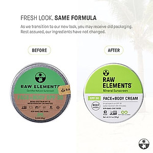 Raw Elements Face and Body Mineral Sunscreen SPF 30 Tin, Organic Sunblock Daily Protection, Non Toxic Reef Safe, Water Resistant, Cruelty Free, Plastic Free, 3 oz (Pack of 1)