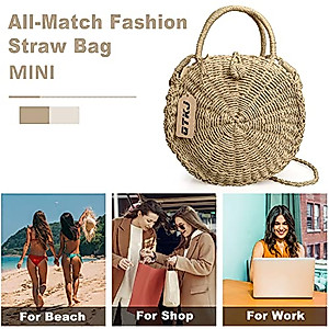 QTKJ Mini Beach Round Rattan Straw Bag, Summer Hand Woven Bali Straw Tote Crossbody Handbag for Womens, Round Handle Beach Handbags (Khaki)