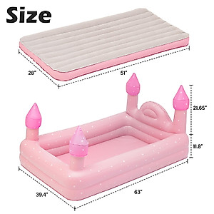 ROMPICO Inflatable Toddler Travel Bed with Safety Bumper,Portable Castle Toddler Bed with 4 Sides for Kids, Ideal for Vacation,Camping and Sleepover,Electric Pump Included (Pink)
