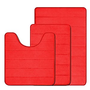 Bathroom Rugs Memory Foam Bath Mat Bathroom Rugs Sets 3 Piece Bath Mats for Bathroom Sets Thick Soft Absorbent Bath Rugs Shower Mat with No Slip PVC Backing Machine Washable,Easy to Dry - Red