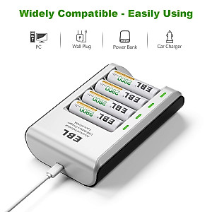 EBL Smart AA AAA Battery Charger for 1/2/3/4 AA AAA NiMH NiCD Rechargeable Batteries - Freely Charged by Power Bank, Adapter